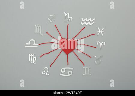 Zodiac compatibility. Signs, red threads and wedding rings on grey ...