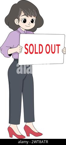 illustration of product has sold out, woman holding notice board ...