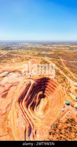 Cobar town copper open pit mine in NSW of Australia - aerial vertical ...