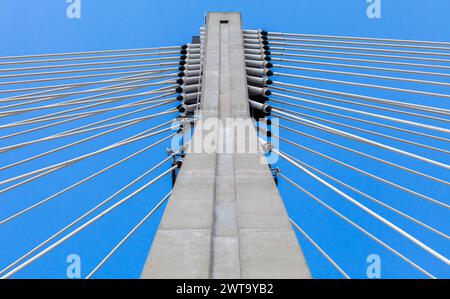 Steel cables of Swietokrzyski bridge over the Vistula river in Warsaw ...