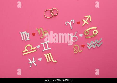 Zodiac compatibility. Signs with wedding rings on pink background, flat ...