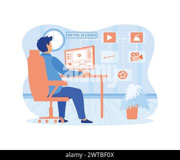 Motion designer animator working on computer creating animated video ...