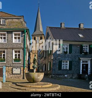 Historic upper town with horse fountain and church tower of St ...
