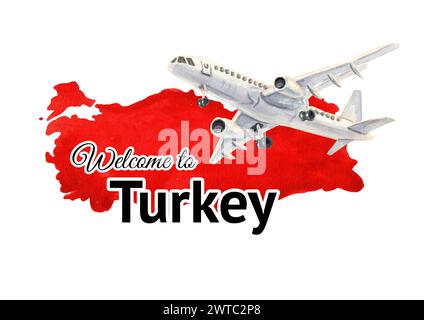Welcome to Turkey card. Flag and map, symbol of the country. Hand drawn ...