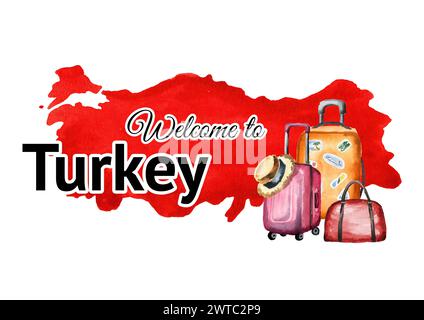 Welcome to Turkey card. Flag and map, symbol of the country. Hand drawn ...