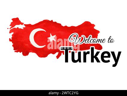Welcome to Turkey card. Flag and map, symbol of the country. Hand drawn ...