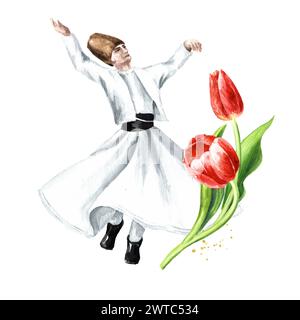 Whirling dervish, symbol of Konya, Turkey. Hand drawn watercolor ...