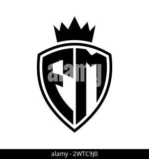 FM Letter bold monogram with shield and crown outline shape with black and white color design ...
