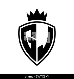 GJ Letter bold monogram with shield and crown outline shape with black and white color design ...