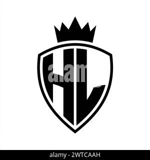 HL Letter bold monogram with shield and crown outline shape with black and white color design ...