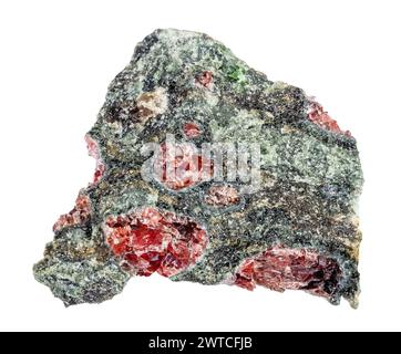 specimen of natural pyrope garnets in raw rock cutout on white ...