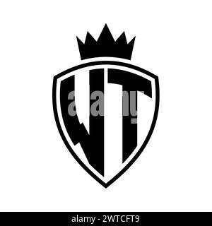 WT Letter bold monogram with shield shape and sharp crown inside shield black and white color ...