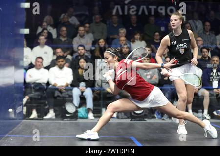 Satomi Watanabe (Jpn) in action during the Optasia Squash Championships ...