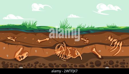 Ground layers with bones. Buried fossil animals, dinosaur, mammot, fish ...