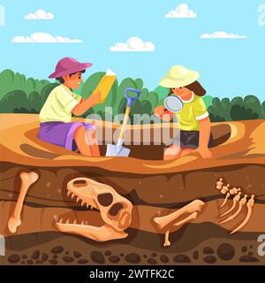 Kids playing in archaeologists working on paleontology excavations ...