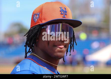 New York Mets shortstop Luisangel Acuña stands on the field during the ...