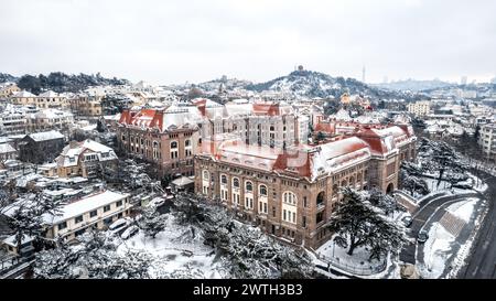 An aerial shot of Qingdao City Snow Scene in Winter, China (Former Site ...