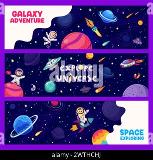Galaxy space banners with kid astronaut, space planets, stars and alien ...