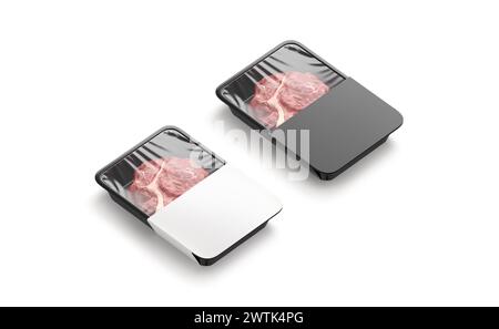 Blank plastic beef tray with black and white label mockup, 3d rendering ...