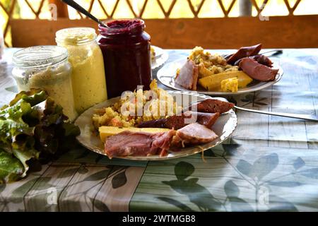Typical Slovak Easter food, sacred cheese, ham, eggs, sausage and ...