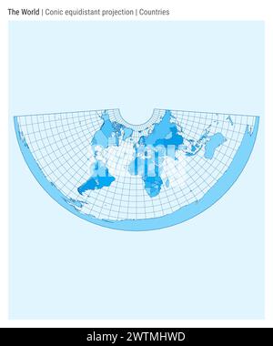 Map of the World. Conic equidistant projection. Globe with latitude and ...
