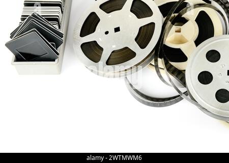 Set of reels with film strip isolated on a white background. Free space ...