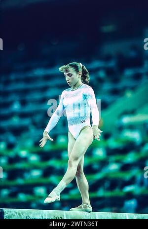 Kerri Strug (USA) competing in the women's artistic team all-around ...