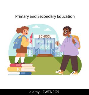 Foundational education concept. Cheerful young students with backpacks ...