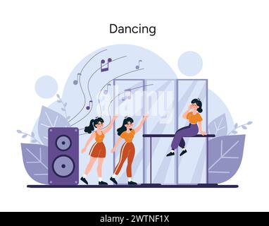 Dancing set. A lively scene of individuals moving rhythmically to music ...