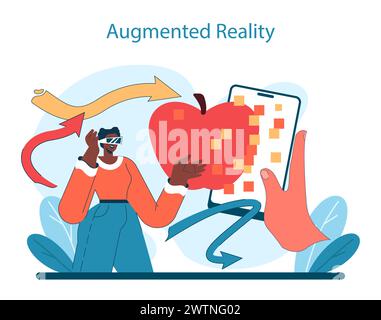 Augmented and Virtual Reality Use. A user interacts with a computer interface using AR glasses ...