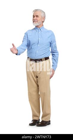 Senior man greeting someone on white background Stock Photo - Alamy