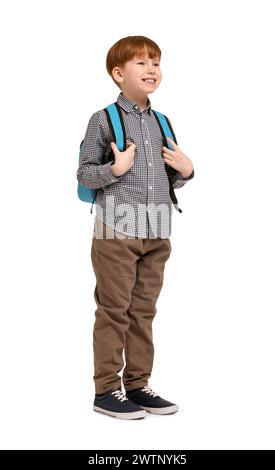 Little boy with backpack on beige background. Back to school Stock ...