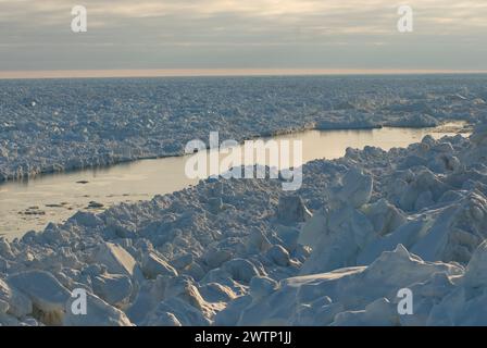 Seascape of open lead rough pack ice over the Chukchi sea in springtime ...