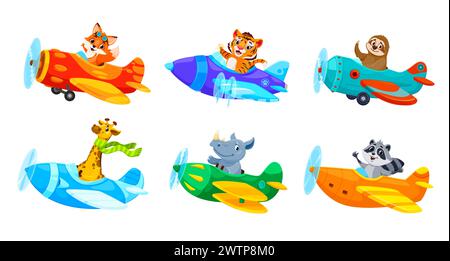 Baby animal characters on planes, vector cartoon squirrel and crocodile ...