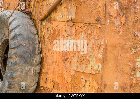 Close-up of a decaying metal surface with peeling paint. The rust and ...