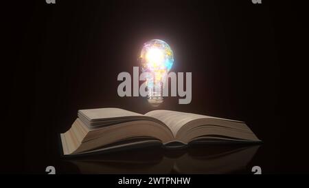 Open Book Glowing Light Bulb - 3D illustration Open book with a glowing light bulb. 3d ...