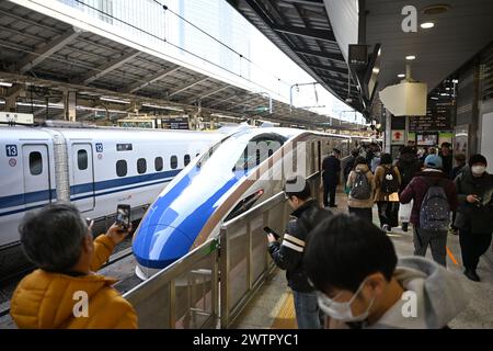The Hokuriku Shinkansen arrives at Tsuruga Station in Tsuruga City, Fukui Prefecture on March 16 ...