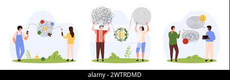 Misunderstanding barrier in online communication. Tiny people with ...