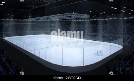 3d render of empty ice hockey rink with illuminated surroundings and ...