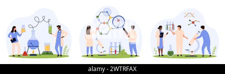 Chemical laboratory research set. Tiny people doing scientific ...
