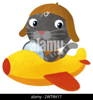 cartoon scene with pilot cat flying in plane having fun illustration ...