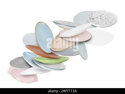 Clean ceramic plates falling on white background Stock Photo - Alamy