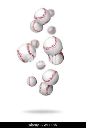 Many baseball balls falling on white background Stock Photo - Alamy