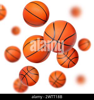 Many basketball balls falling on white background Stock Photo - Alamy