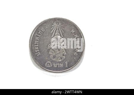 Reverse side of 1 one Baht Thai coin features Crowned monogram, 1 Baht ...