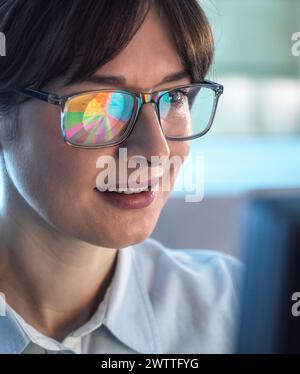Professional women designing a pie diagram on a computer to illustrate ...