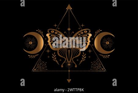 Mystic gold moth, magic butterfly and crescent moon, sacred symbols for ...