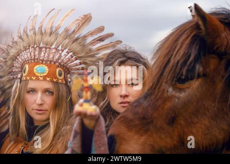 American native inspired scene: Two young women and their icelandic ...