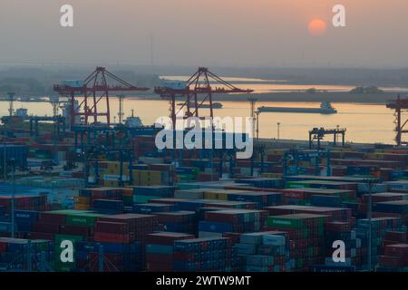 Aerial photo shows the container terminal of Nanjing Port at night in ...