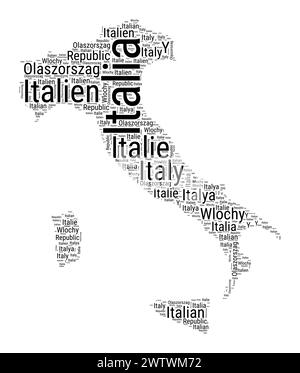 Word cloud in a shape of Italy contains large cities. White text on ...